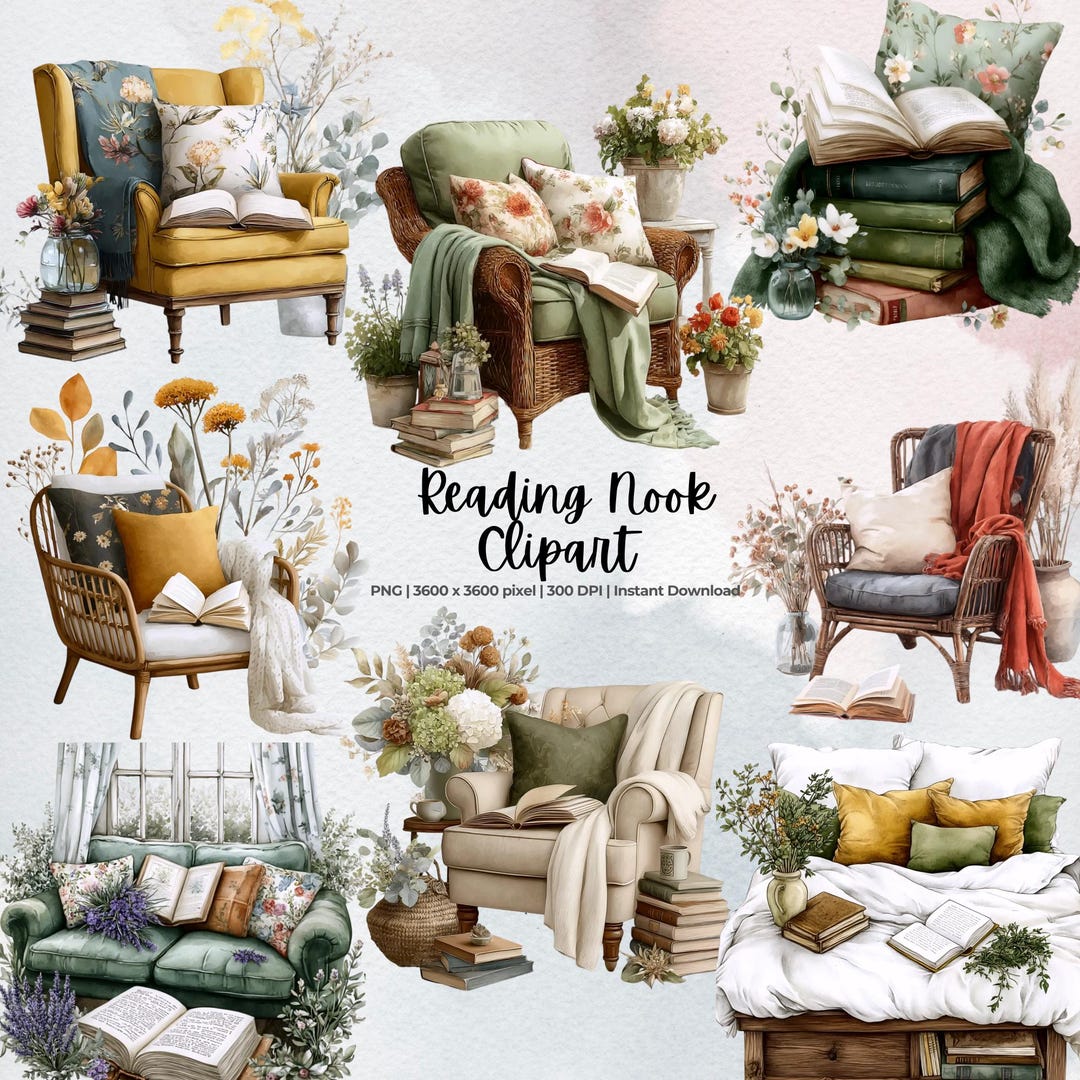 Whimsical Reading Nook Clipart | Cozy Book Lover Chair PNG | Watercolor ...