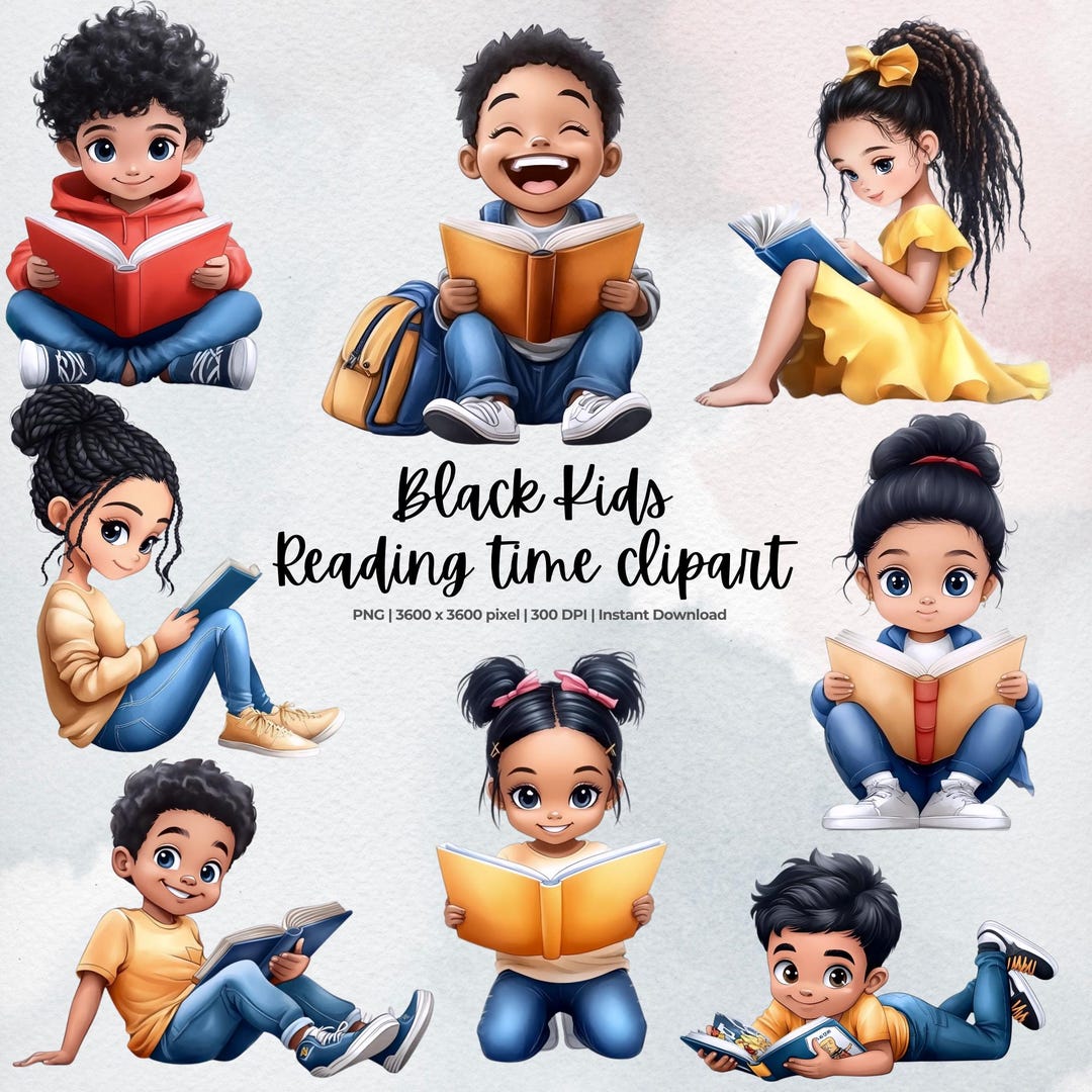 Black Kids Reading Clipart - African Kids– Watercolor PNG Set With ...