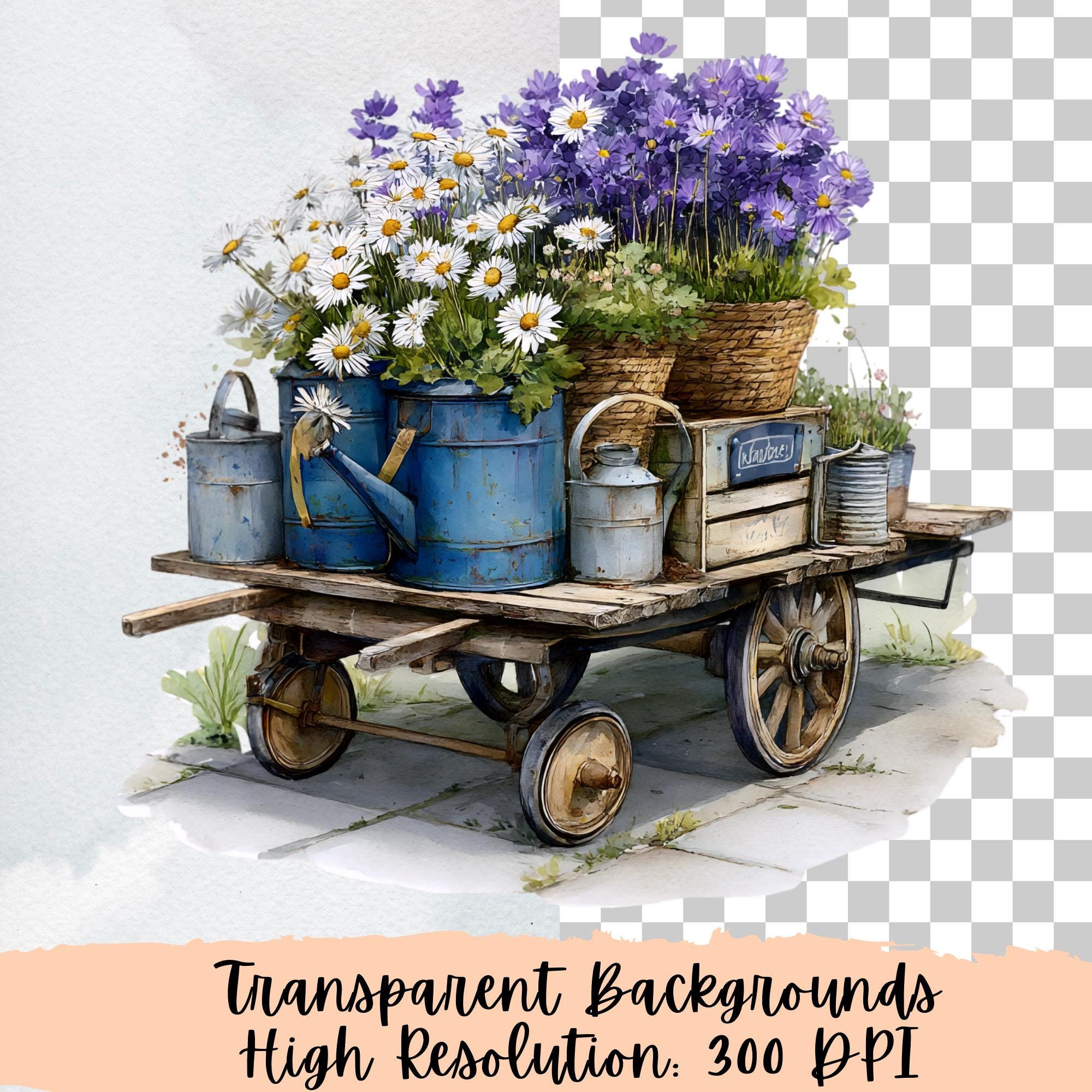 Whimsical Garden Cart Clipart | Floral Wheelbarrow PNG | Watercolor ...