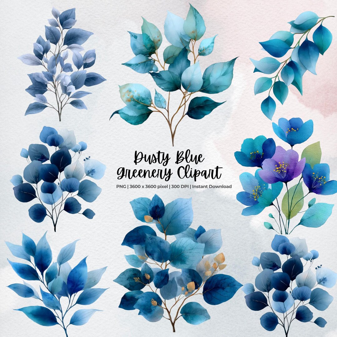 Dusty Blue Greenery Clipart | Watercolor Blue Botanical Leaves PNG ...