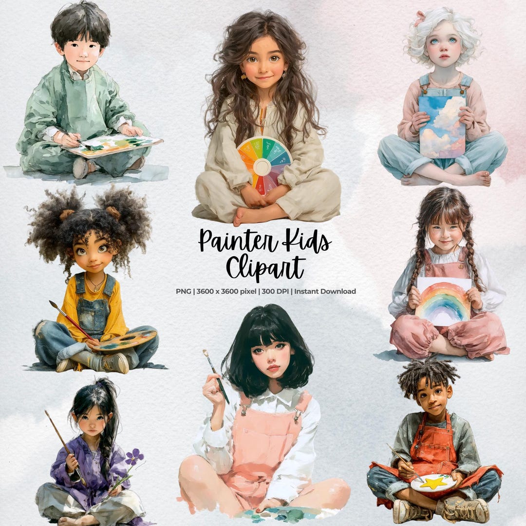 Painter Kids Clipart, Diverse Artist Kids PNG, Watercolor Children Art ...