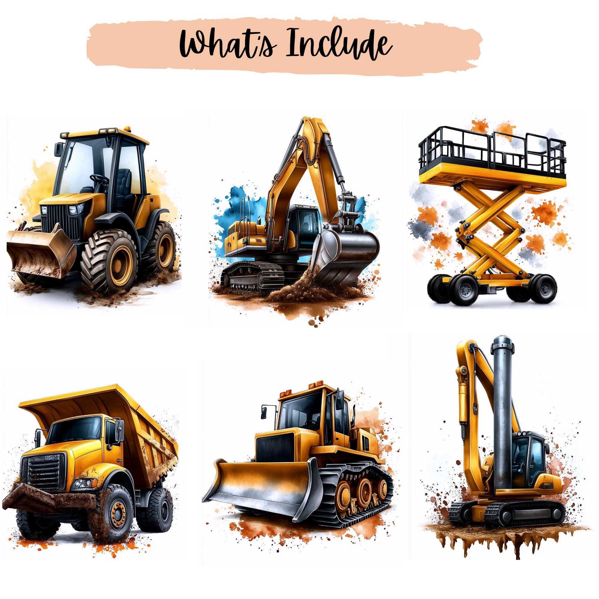12 Watercolor Excavator Clipart, Construction , Vehicle Clipart ...