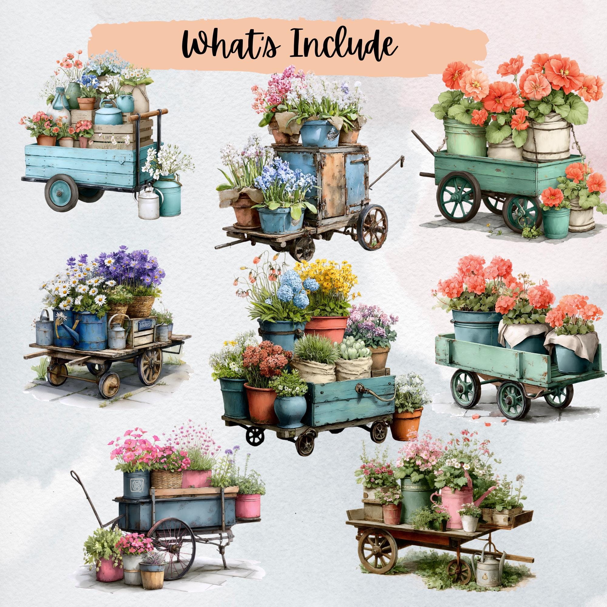 Whimsical Garden Cart Clipart | Floral Wheelbarrow PNG | Watercolor ...
