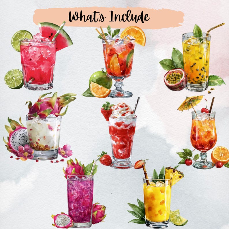 Tropical Drink Clipart | Summer Cocktail PNG Set | Watercolor Fruit ...
