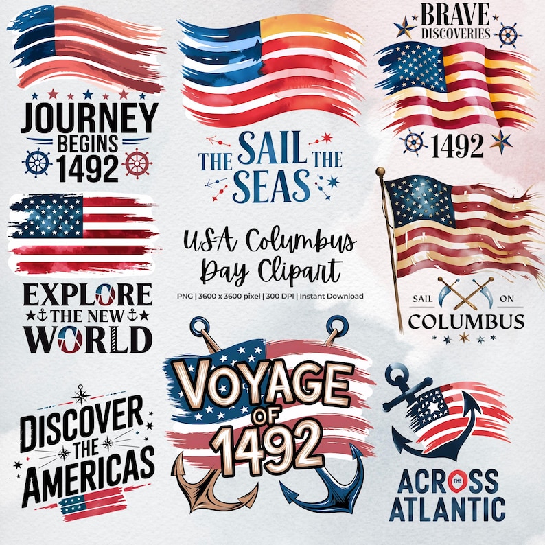 Columbus Day Clipart | 1492 Voyage Clipart | USA Patriotic Watercolor ...