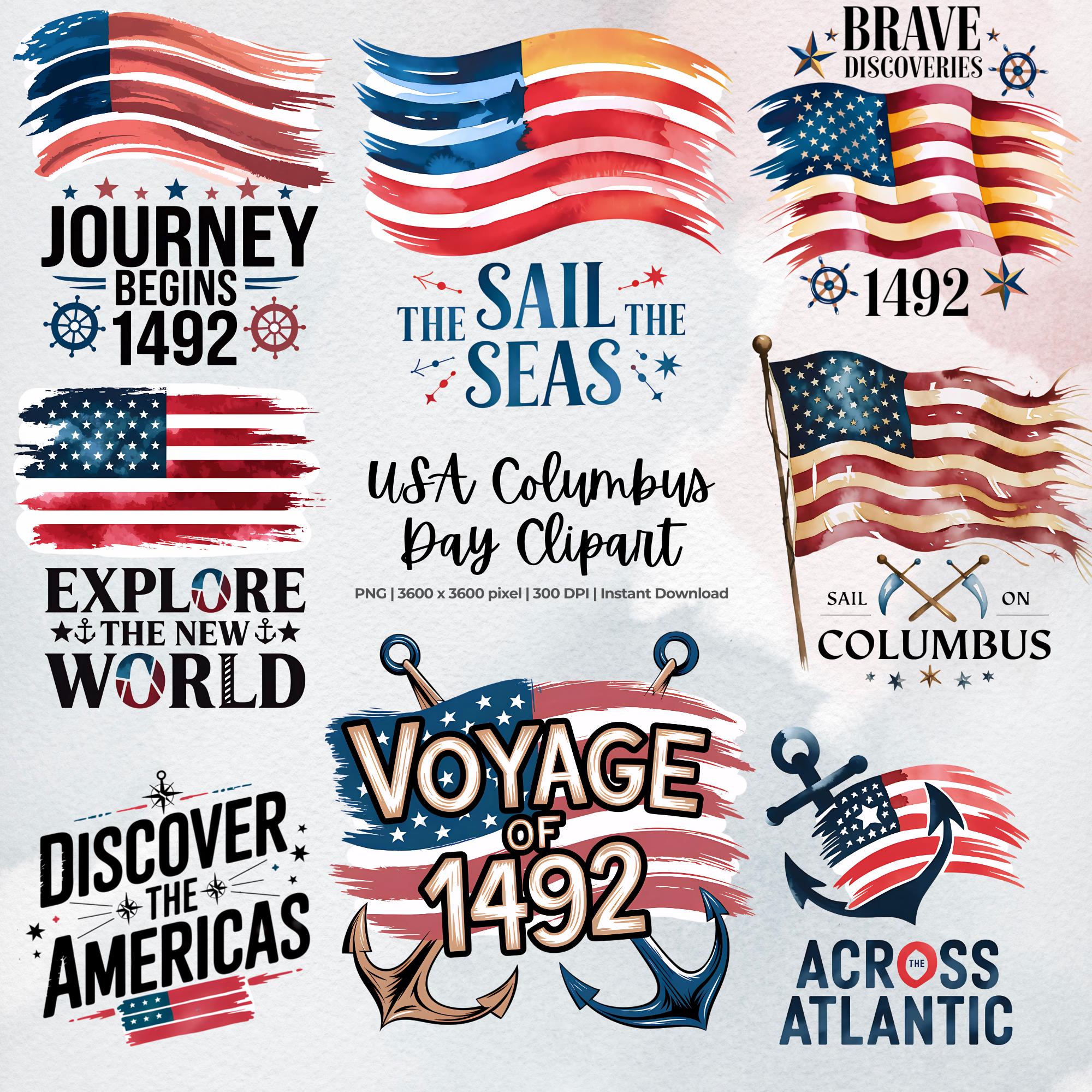 Columbus Day Clipart | 1492 Voyage Clipart | USA Patriotic Watercolor ...