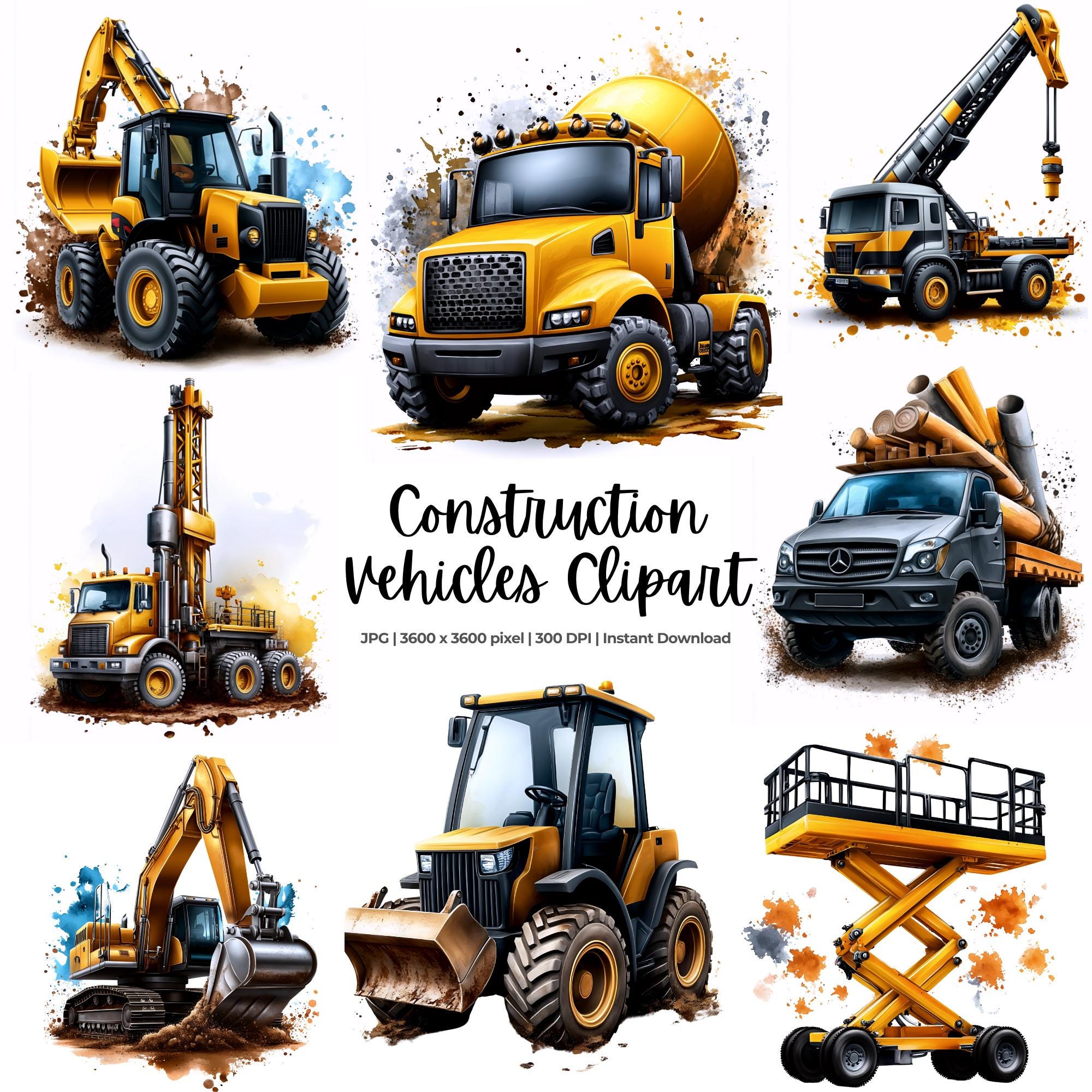 12 Watercolor Excavator Clipart, Construction , Vehicle Clipart ...