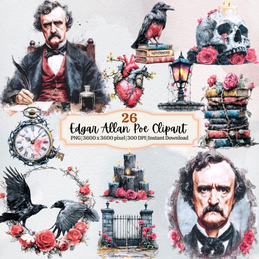 Edgar Allan Poe Clipart Bundle | Gothic Raven & Dark Academia PNG ...