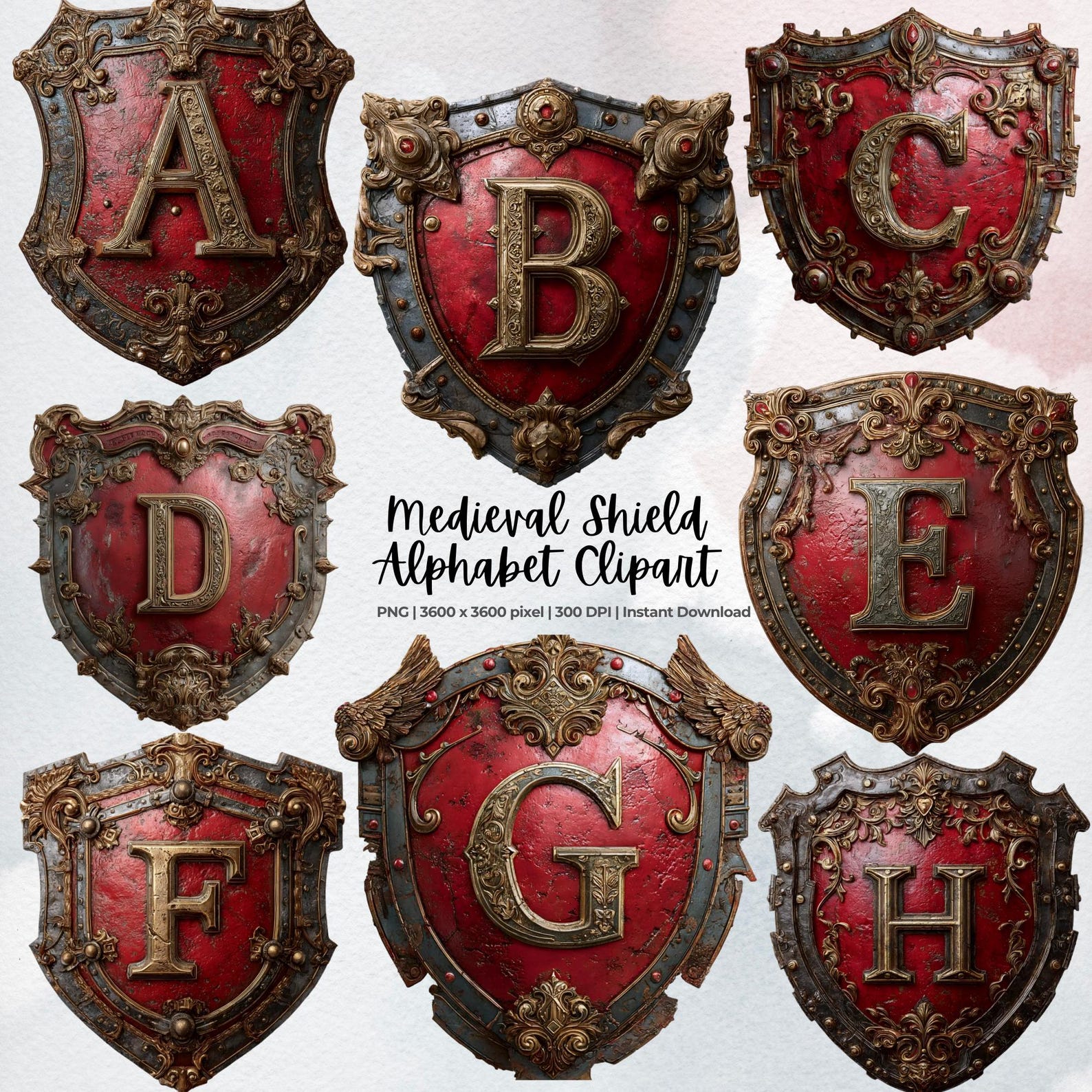 Medieval Shield Alphabet Clipart | Red Fantasy Crest Letters A-Z ...