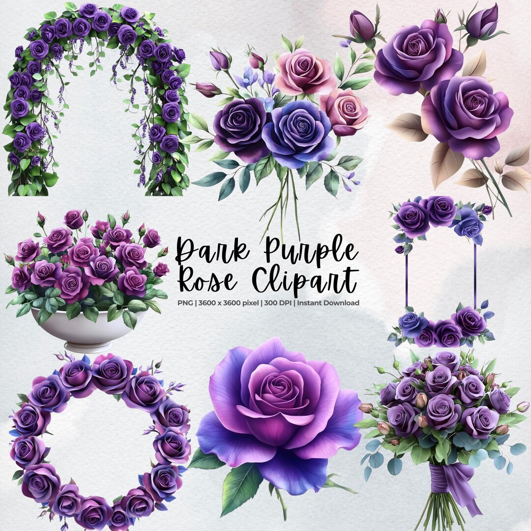 Dark Purple Rose Wedding Clipart Set, Watercolor Floral PNG, Romantic ...