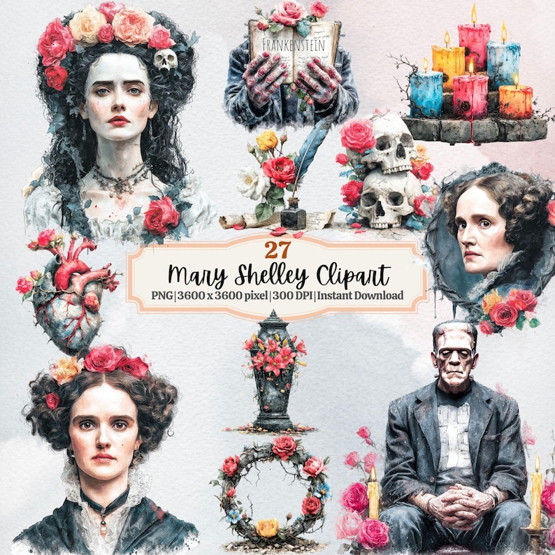Mary Shelley Clipart Bundle | Frankenstein Gothic PNG | Dark Academia ...