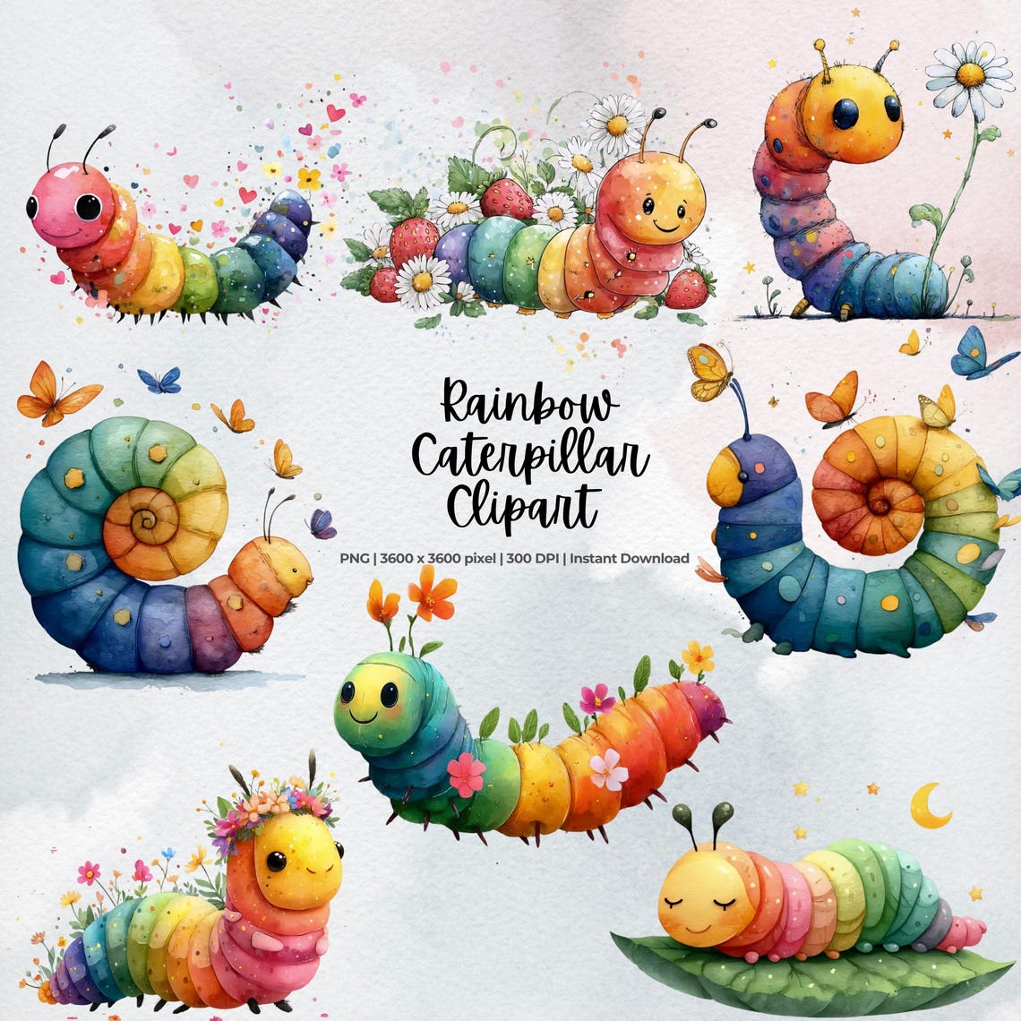 Rainbow Caterpillar Clipart | Whimsical Bug PNG Set | Cute Insect ...