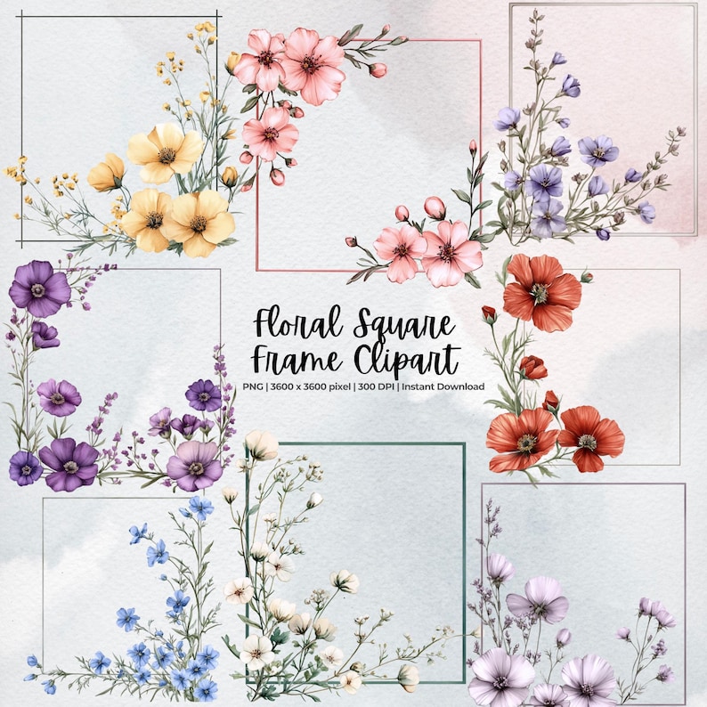 Wildflower Floral Square Frame | Watercolor Flower Borders PNG | Spring ...
