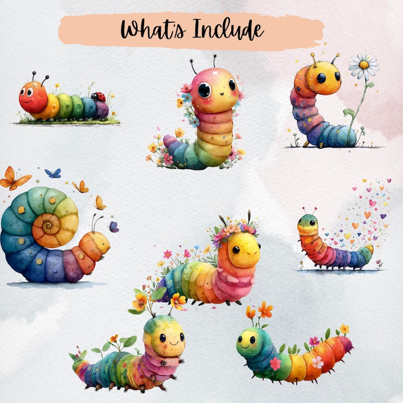 Rainbow Caterpillar Clipart | Whimsical Bug PNG Set | Cute Insect ...