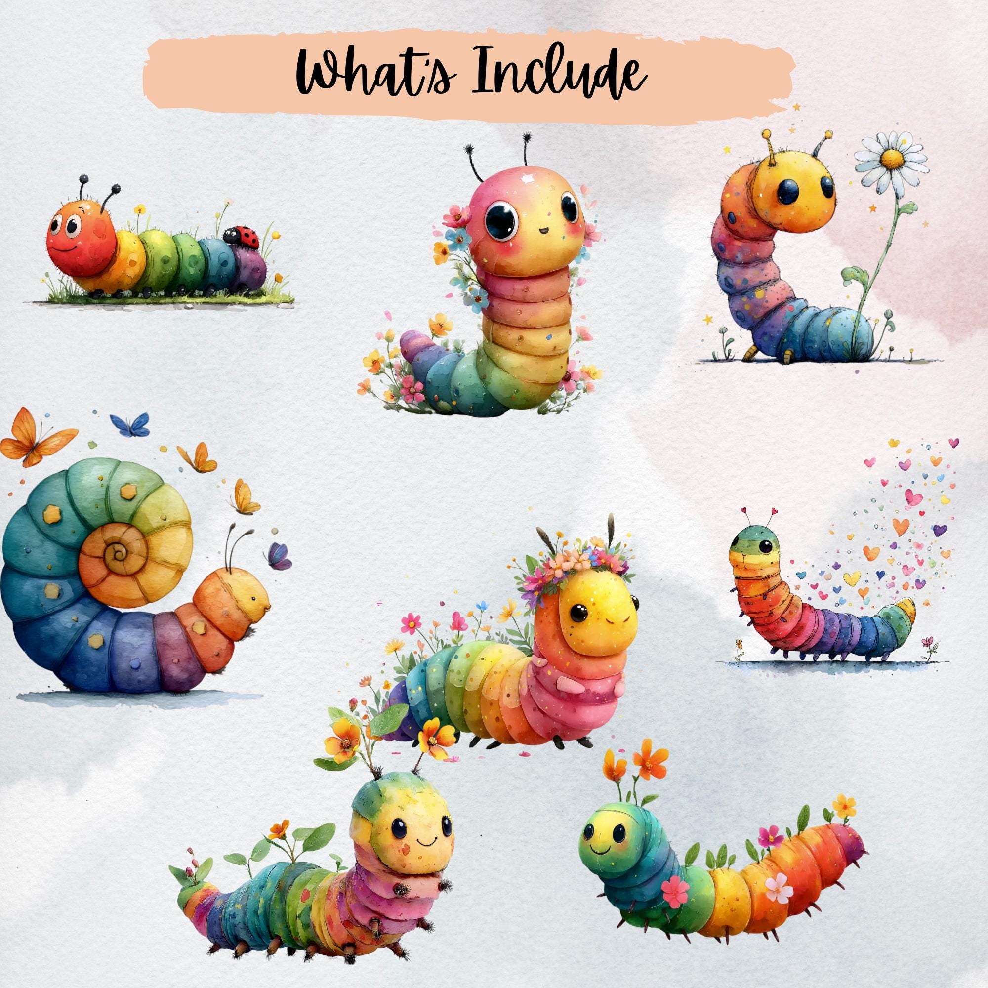 Rainbow Caterpillar Clipart | Whimsical Bug PNG Set | Cute Insect ...
