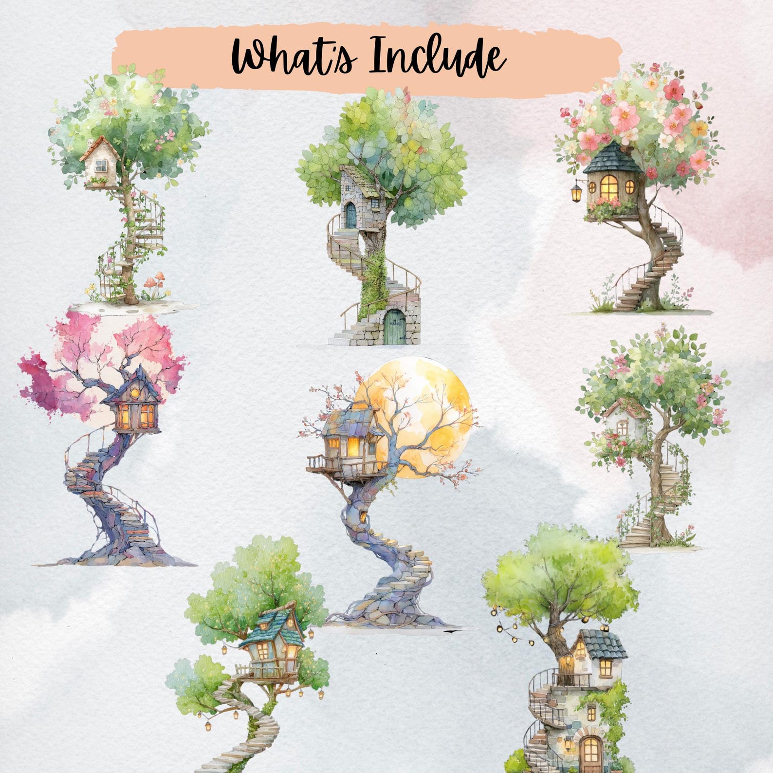 Whimsical Treehouse Clipart | Fantasy Cottage PNG | Spiral Stair Tree ...