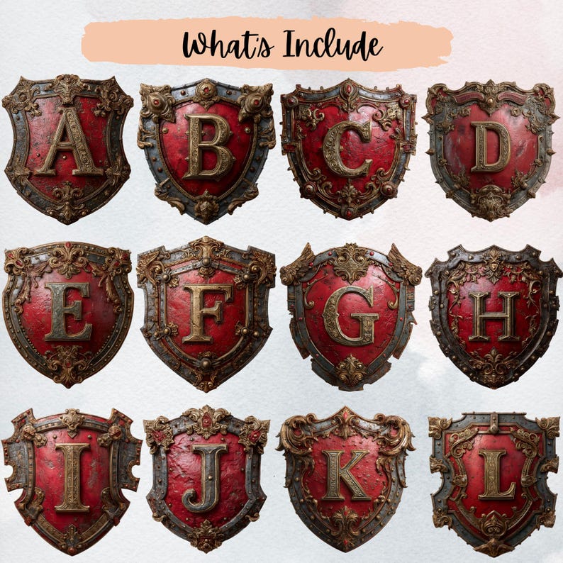 Medieval Shield Alphabet Clipart | Red Fantasy Crest Letters A-Z ...