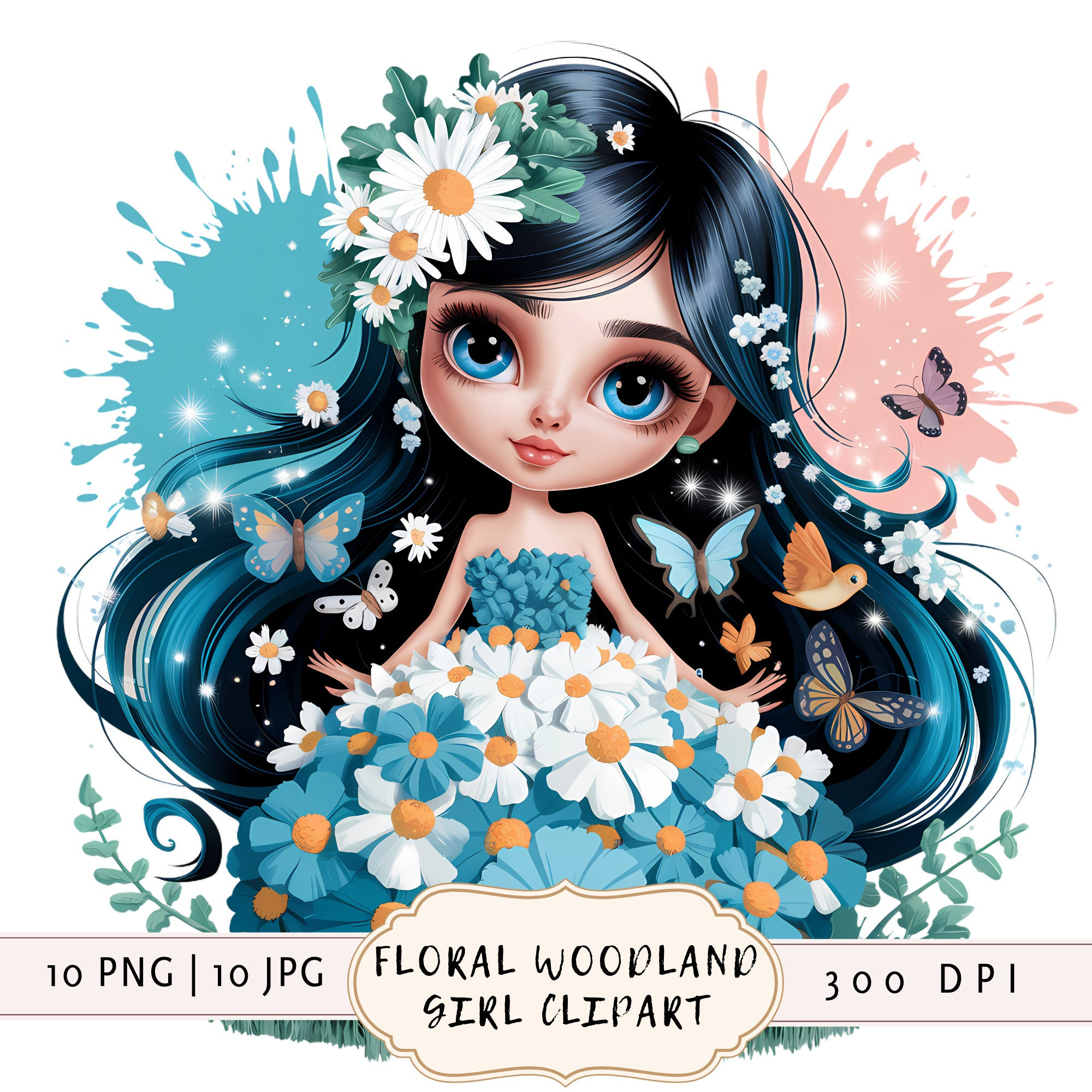 Vibrant Floral Woodland Girl Clipart Bundle | 10 PNG and 10 JPG ...