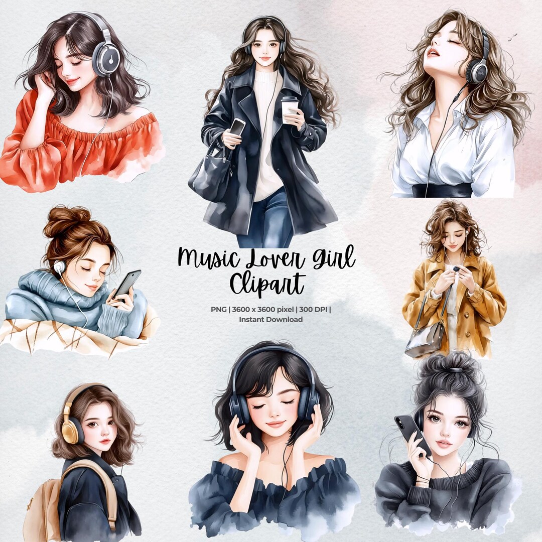 Watercolor Cozy Girl Clipart, Music Headphones PNG, Fashion ...