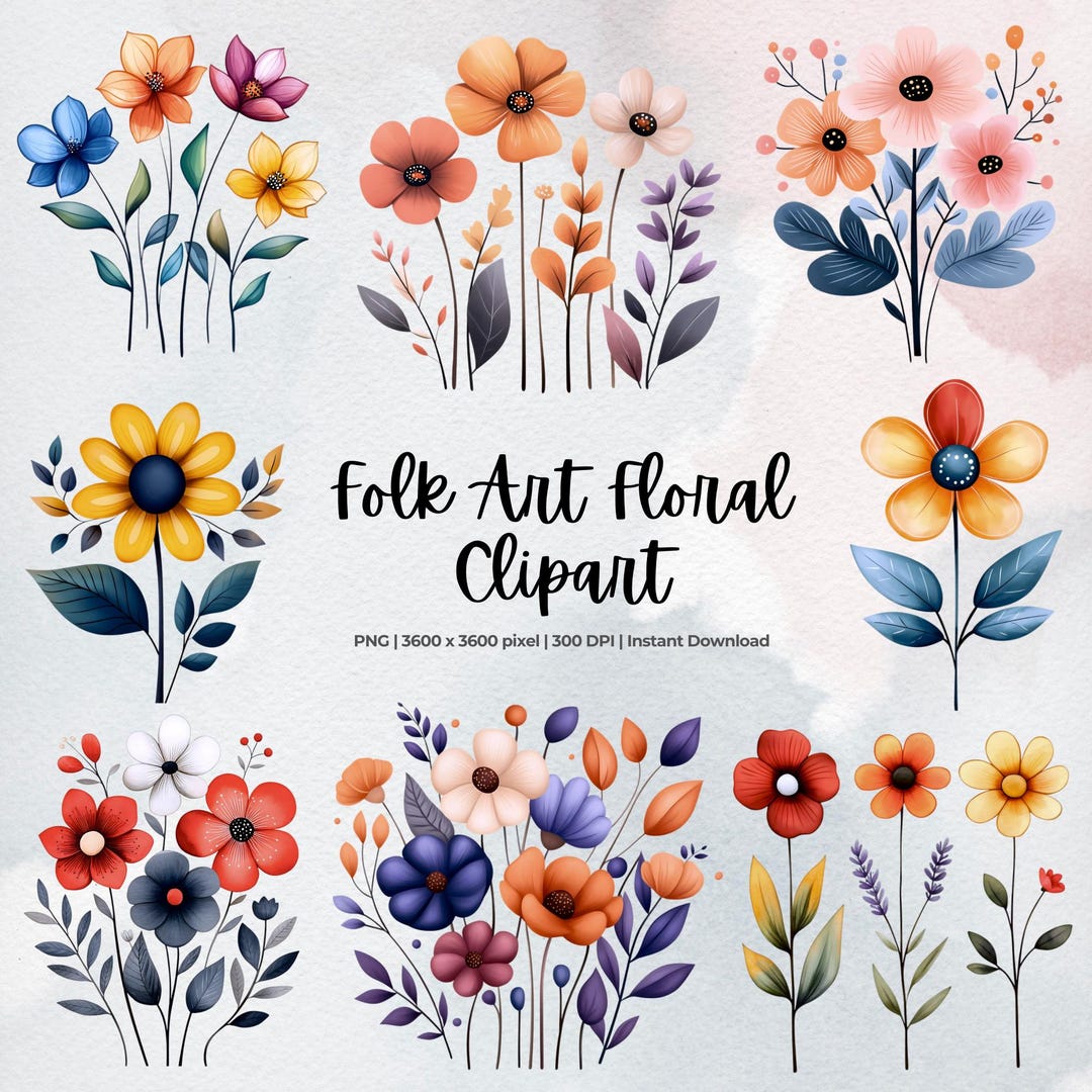 Folk Art Floral Clipart Set | 16 Colorful Abstract Flowers PNG | Boho ...