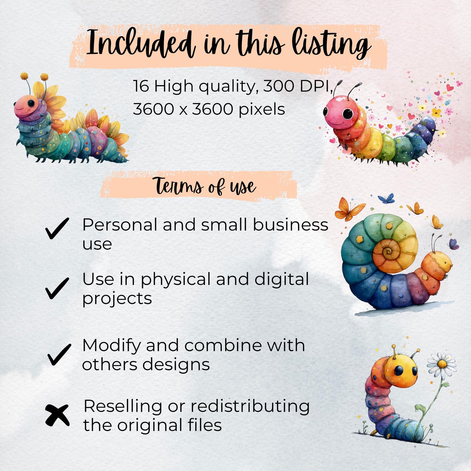 Rainbow Caterpillar Clipart | Whimsical Bug PNG Set | Cute Insect ...