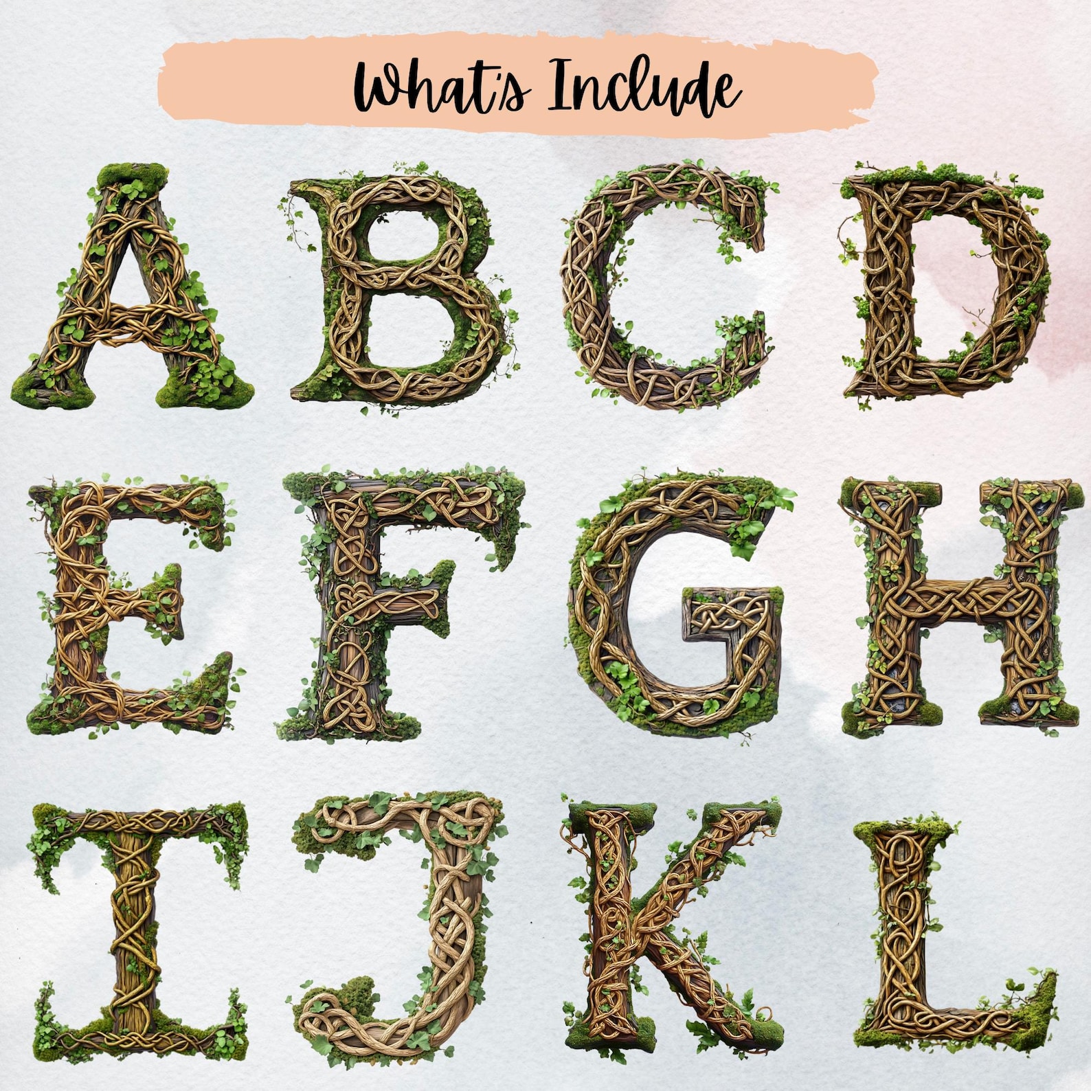 Vine Letters Clipart | A-Z & 0–9 Alphabet PNG | Twisted Botanical Font ...
