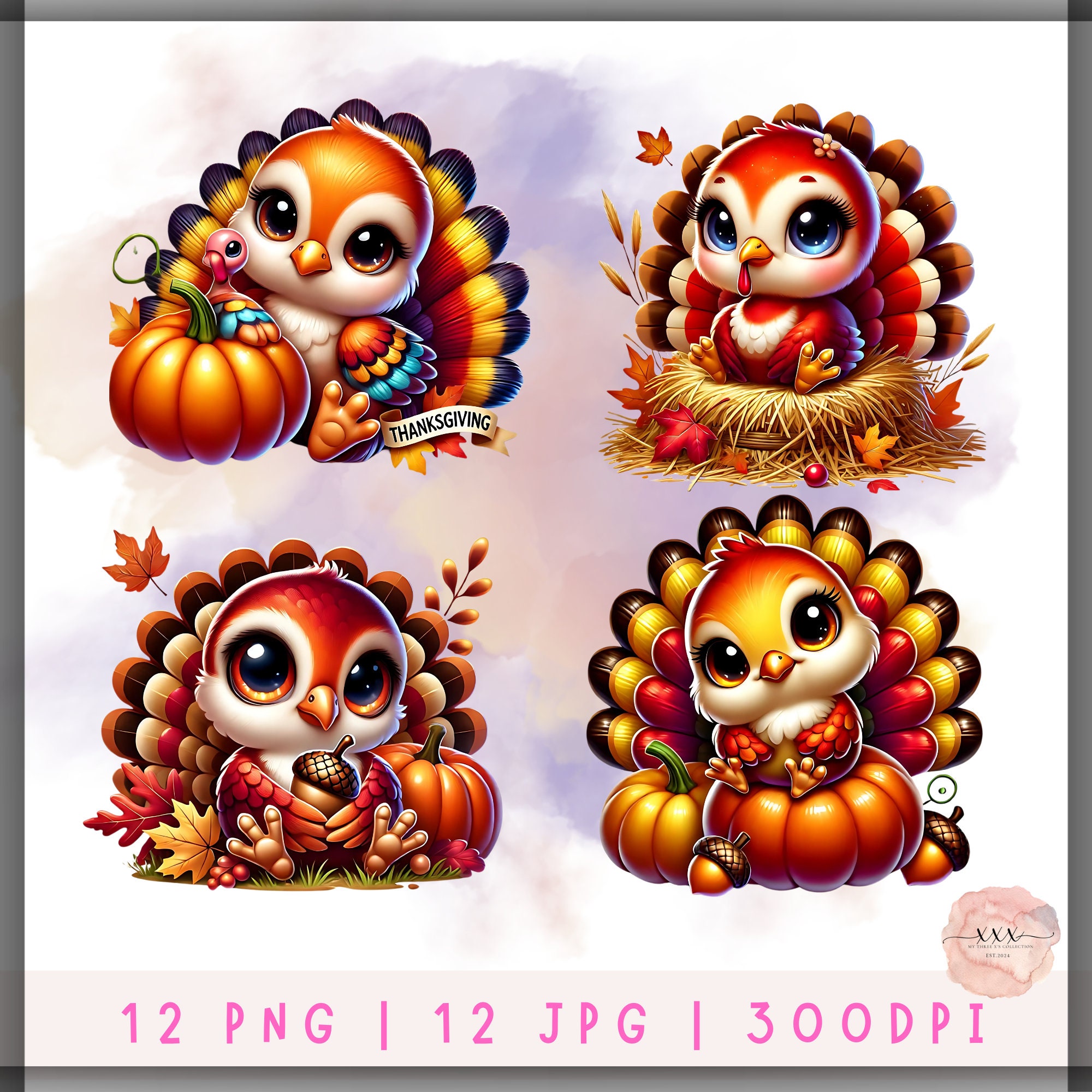 Adorable Baby Turkey Clipart Bundle for Thanksgiving | 12 PNG & JPG ...