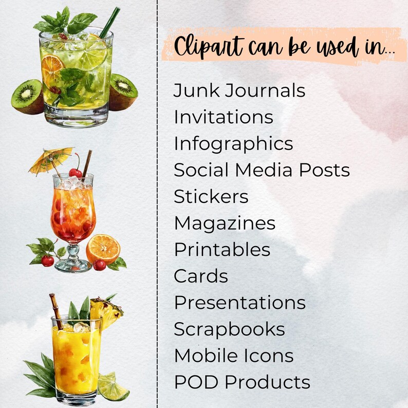 Tropical Drink Clipart | Summer Cocktail PNG Set | Watercolor Fruit ...