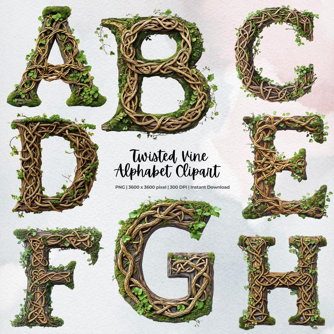 Vine Letters Clipart | A-Z & 0–9 Alphabet PNG | Twisted Botanical Font ...
