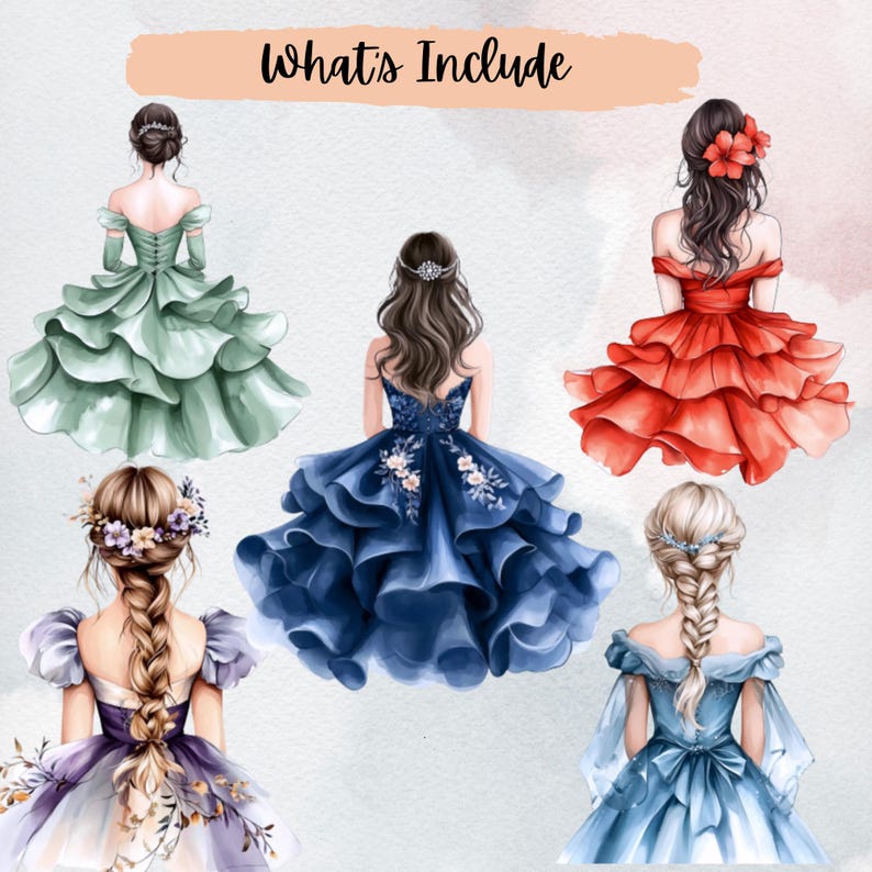 Princess Inspired Quinceanera Clipart | Back View Ball Gowns | PNG ...