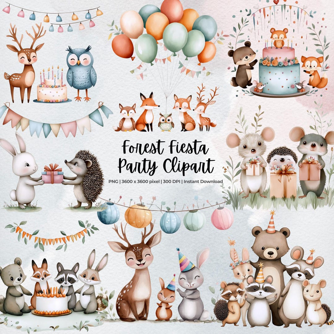 Forest Fiesta Party Clipart | Cute Forest Animal Party Set | Watercolor ...