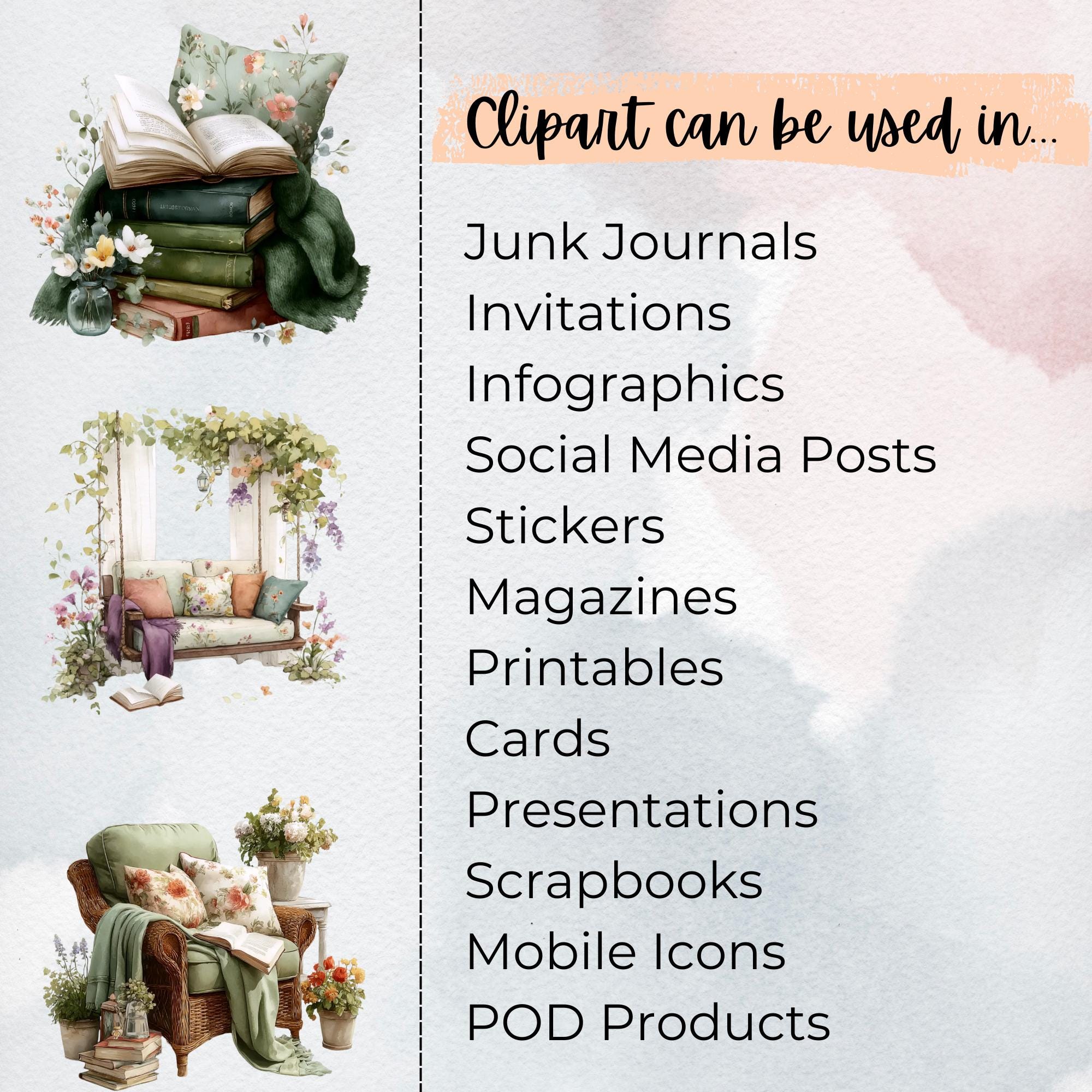Whimsical Reading Nook Clipart | Cozy Book Lover Chair PNG | Watercolor ...