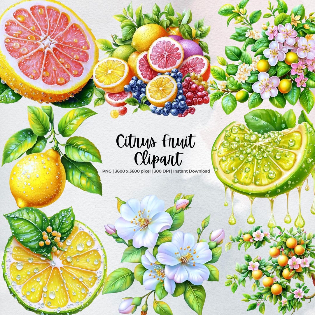 Citrus Fruit Clipart | Lemon Lime Grapefruit PNG | Glossy Watercolor ...