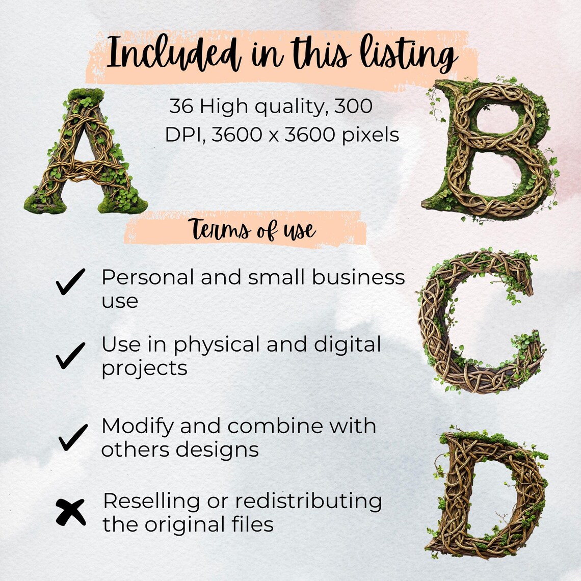 Vine Letters Clipart | A-Z & 0–9 Alphabet PNG | Twisted Botanical Font ...