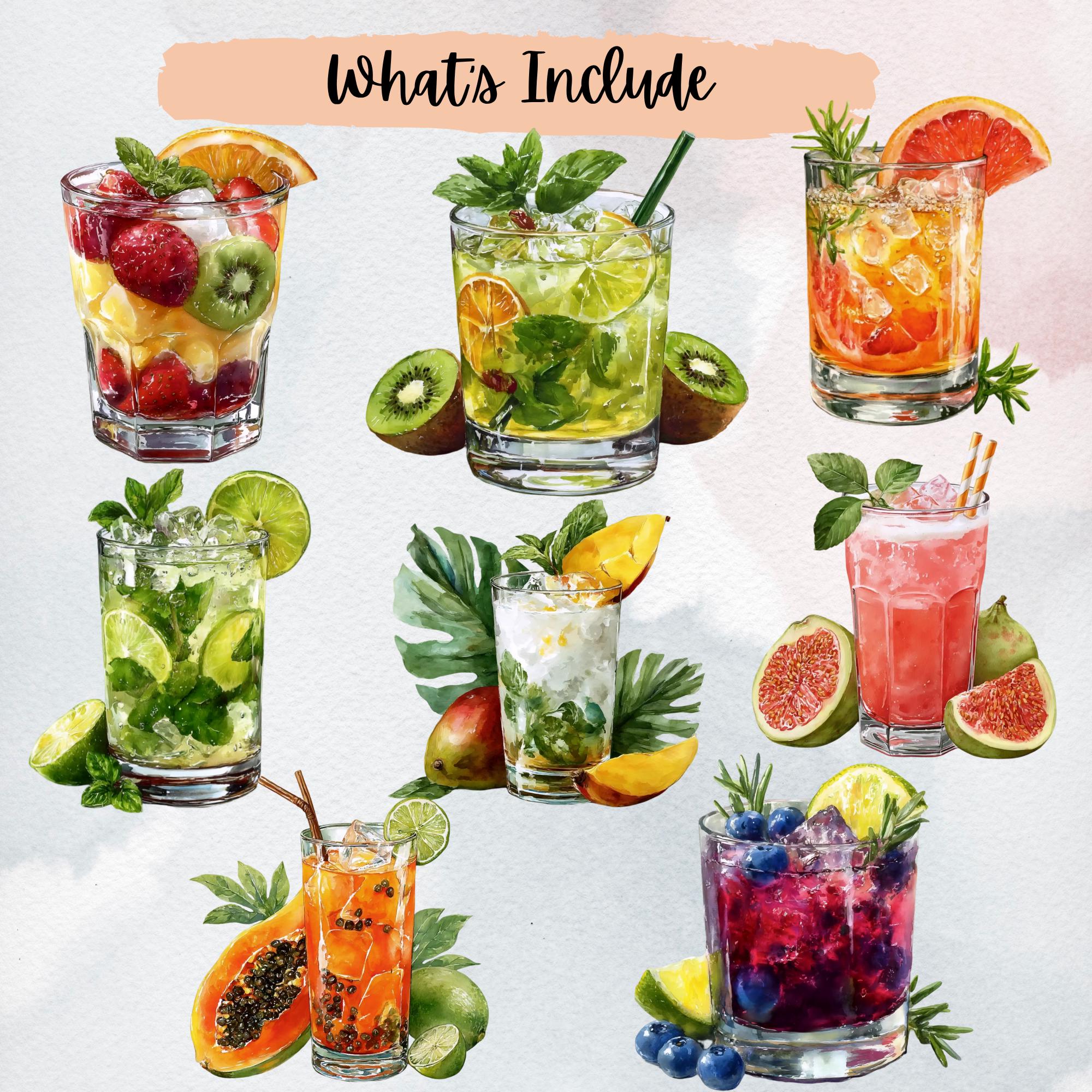 Tropical Drink Clipart | Summer Cocktail PNG Set | Watercolor Fruit ...