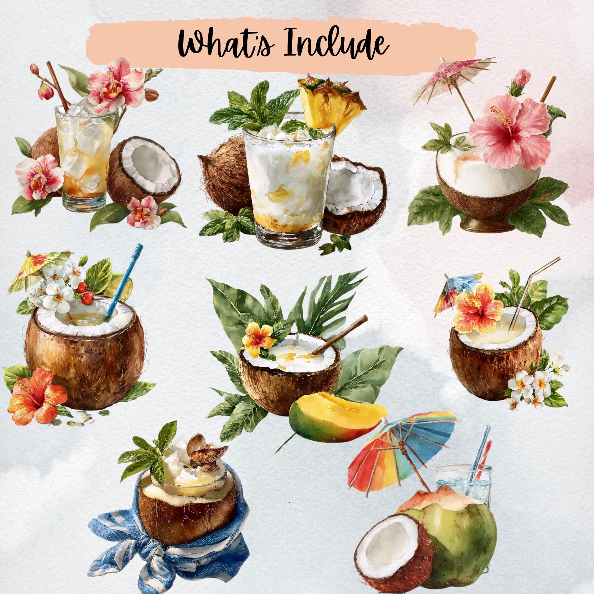Tropical Coconut Drink Clipart | 16 PNG Summer Beverages | Watercolor ...