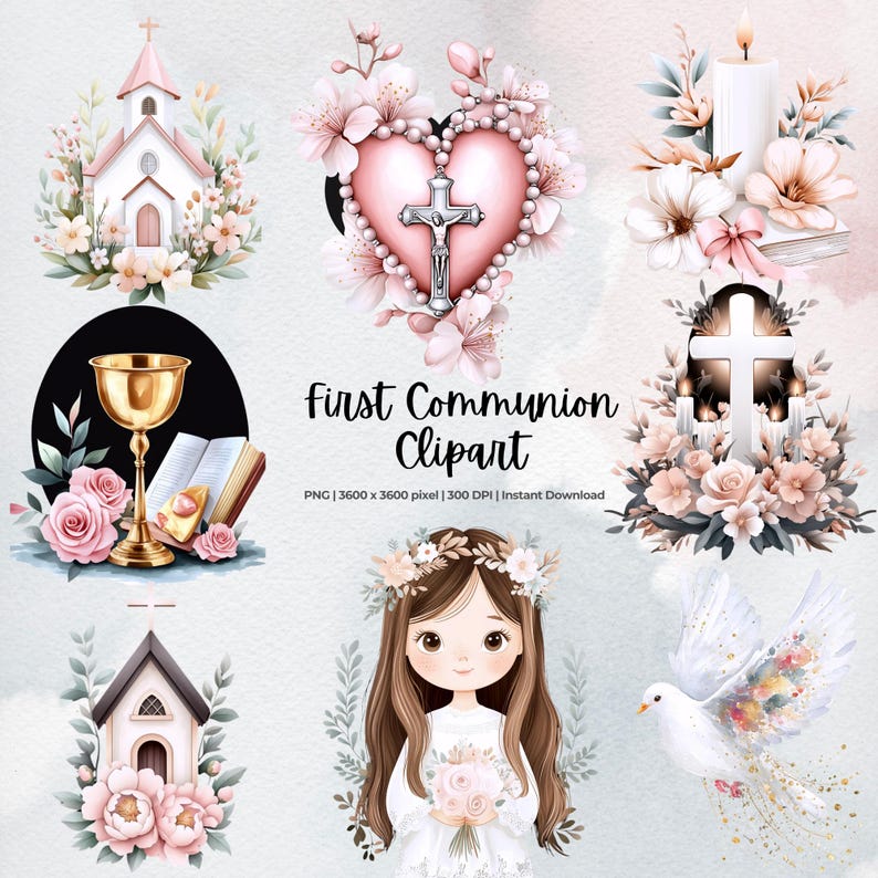 First Communion Clipart Set | Pastel Watercolor Catholic Graphics ...