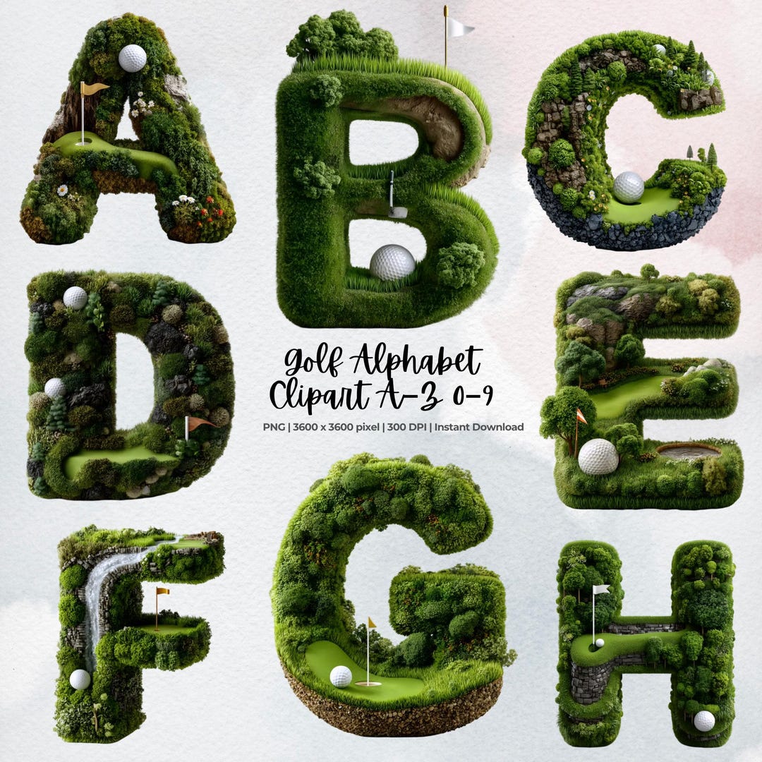 Golf Alphabet Clipart A–Z 0–9 | Botanical Grass Letters PNG | Mini Golf ...