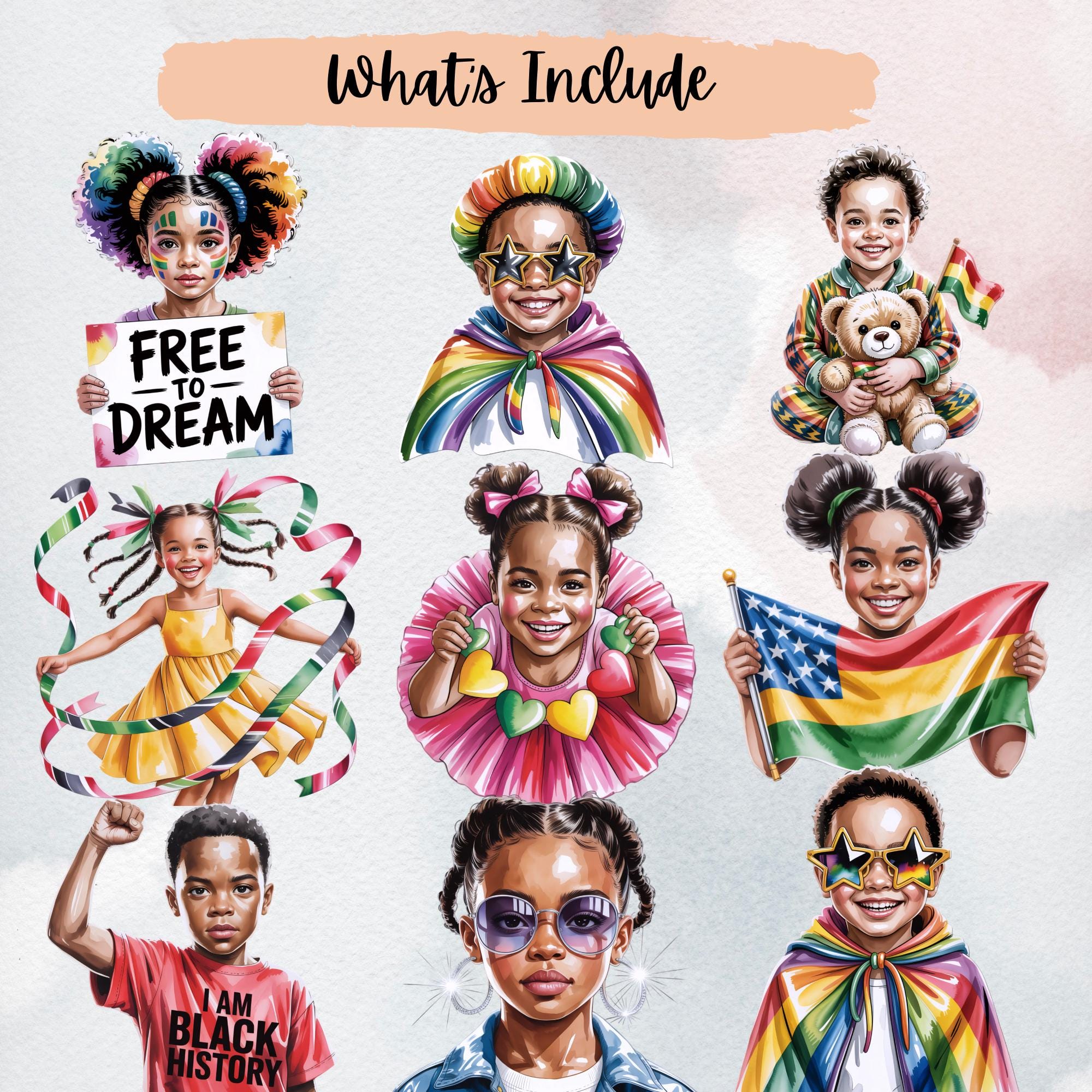 Juneteenth Kids Clipart | Black Children Art | Glossy Watercolor PNG ...
