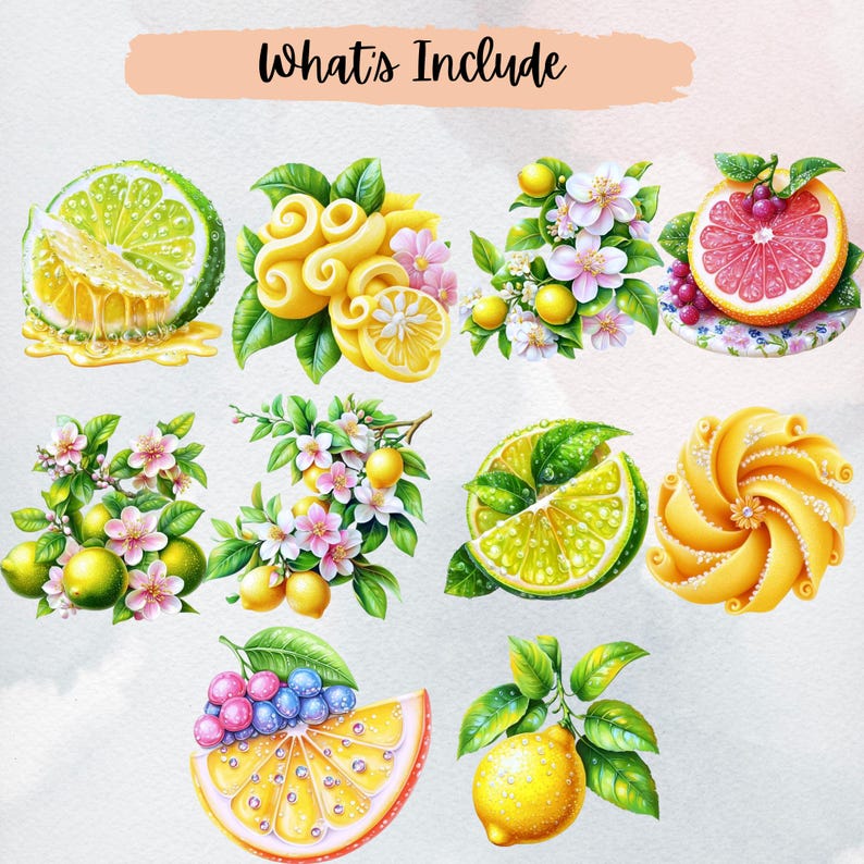 Citrus Fruit Clipart | Lemon Lime Grapefruit PNG | Glossy Watercolor ...