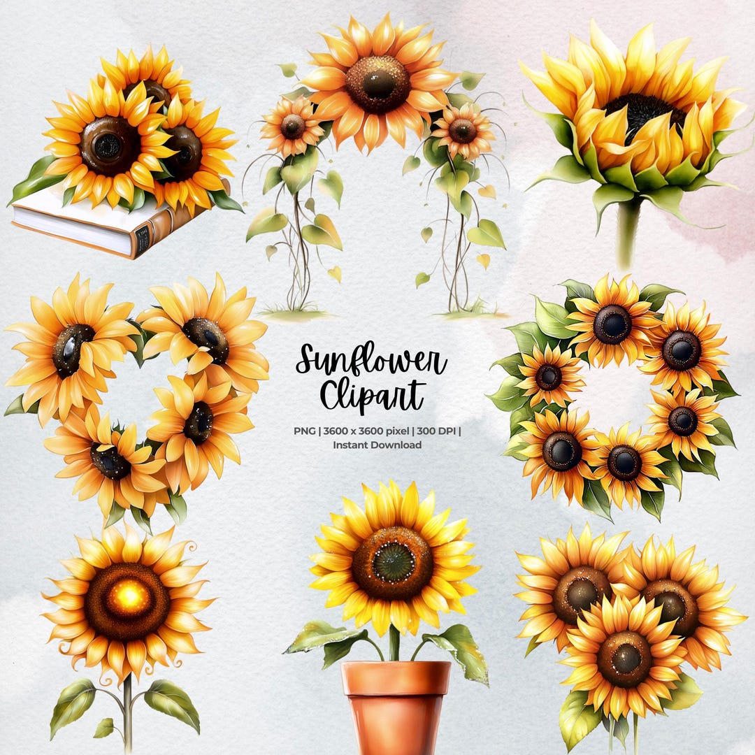 Sunflower Clipart Set | Glossy Watercolor Floral Clipart | Sunflower ...