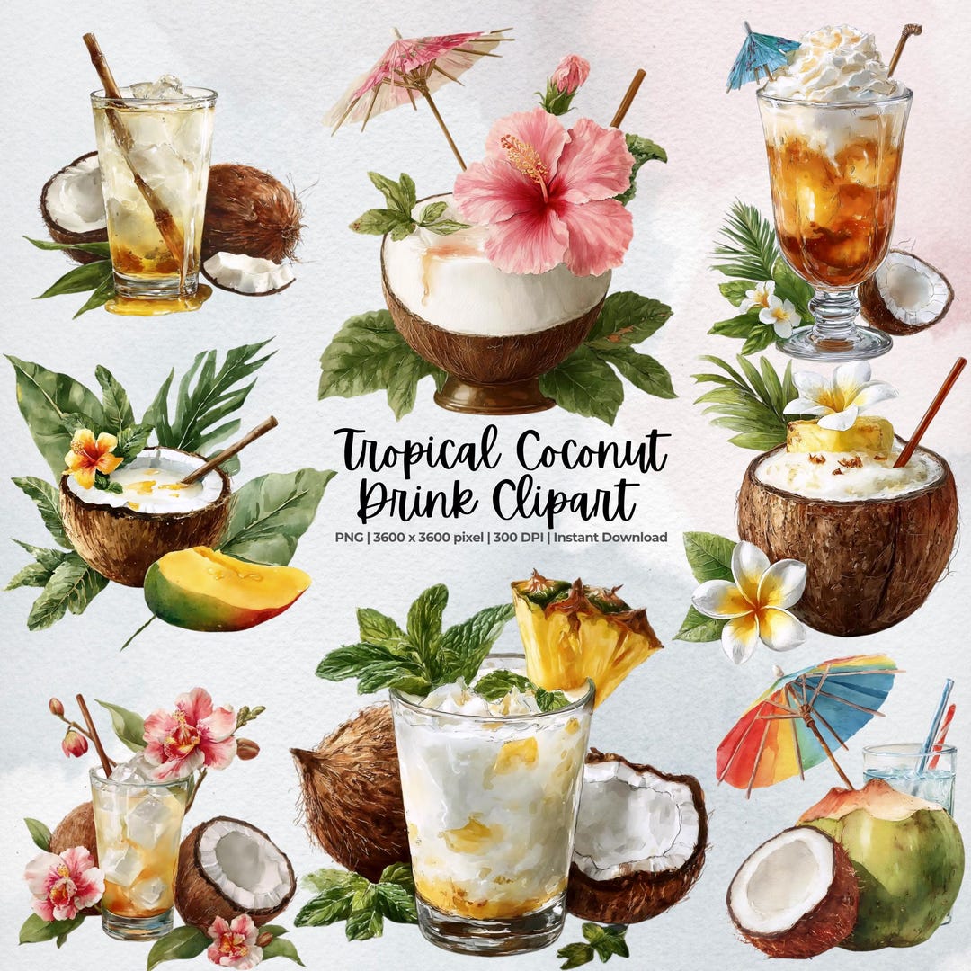 Tropical Coconut Drink Clipart | 16 PNG Summer Beverages | Watercolor ...