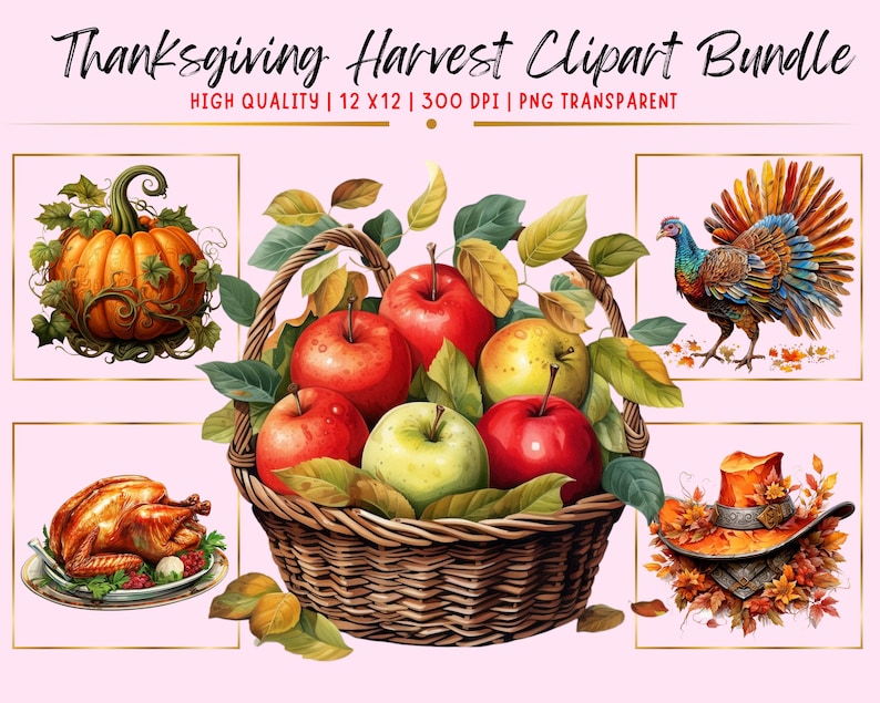 Thanksgiving Harvest Clipart Bundle, Fall Pumpkin & Turkey Clipart ...