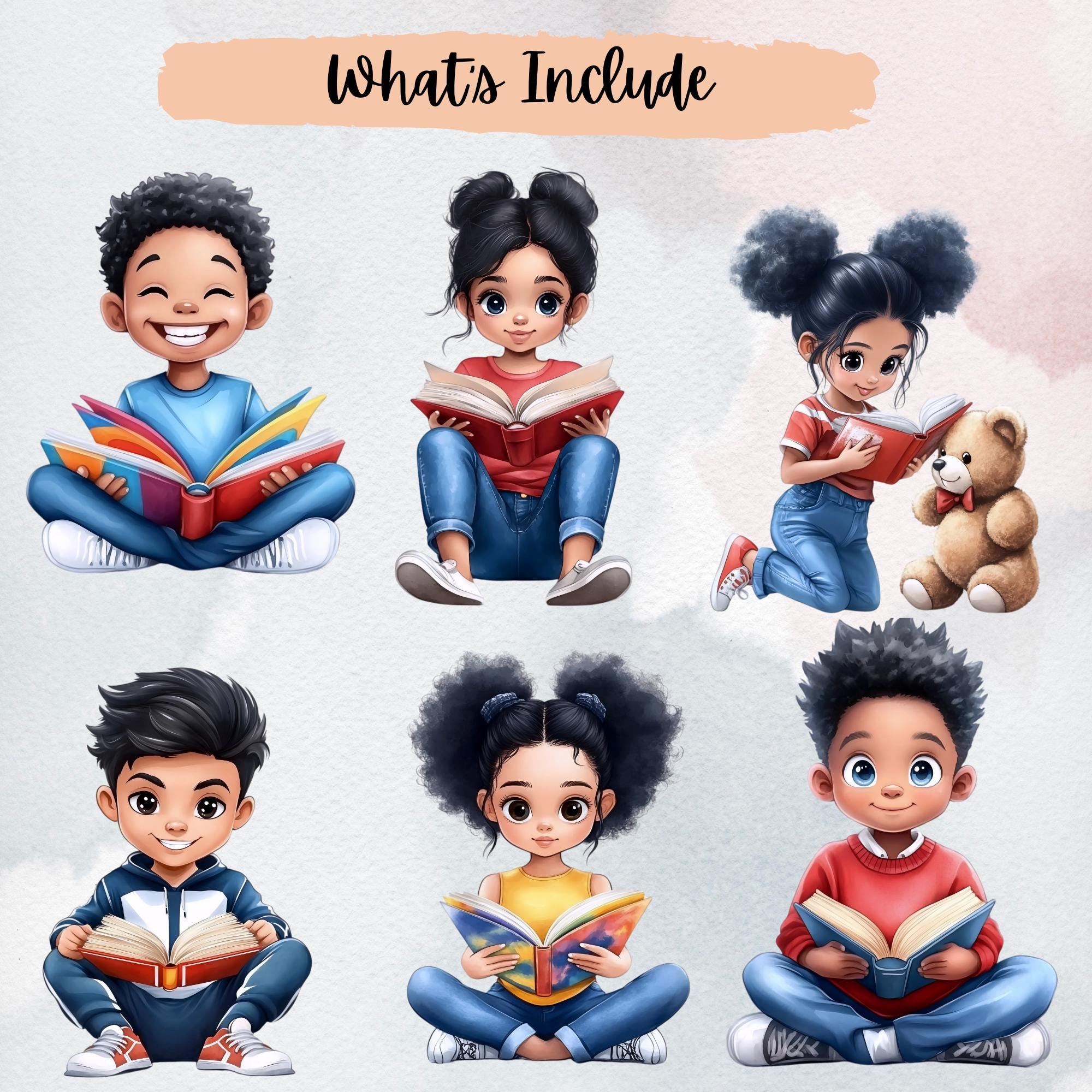 Black Kids Reading Clipart - African Kids– Watercolor PNG Set With ...