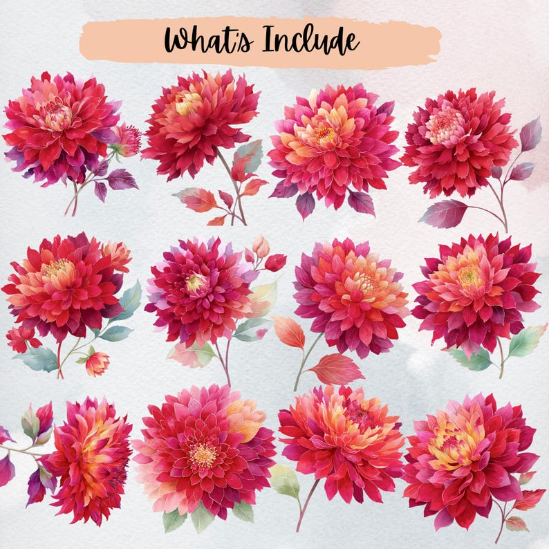 Dahlia Clipart Set | Deep Rust & Cranberry Red Florals | Watercolor PNG ...