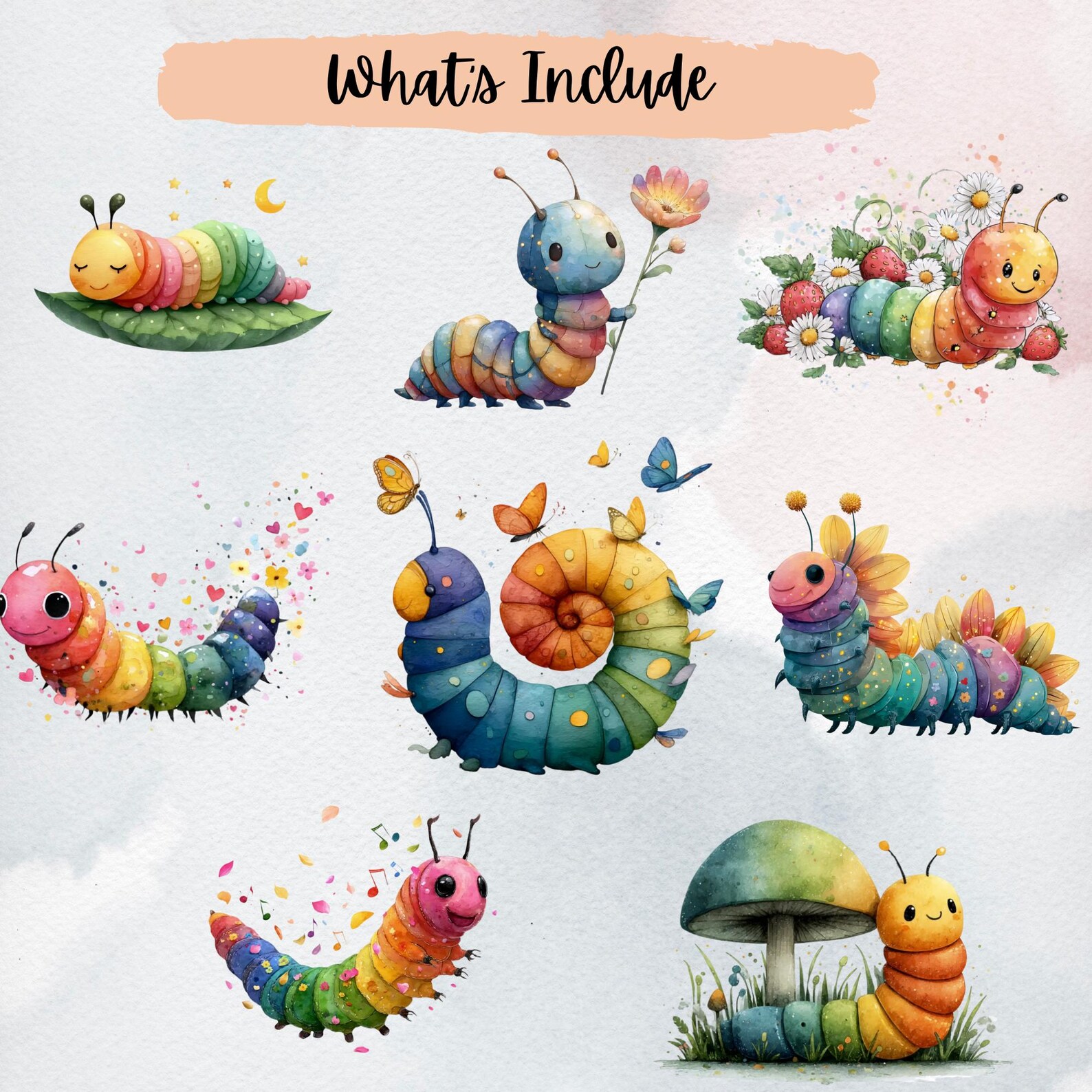 Rainbow Caterpillar Clipart | Whimsical Bug PNG Set | Cute Insect ...