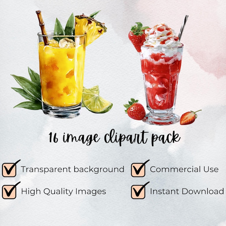 Tropical Drink Clipart | Summer Cocktail PNG Set | Watercolor Fruit ...