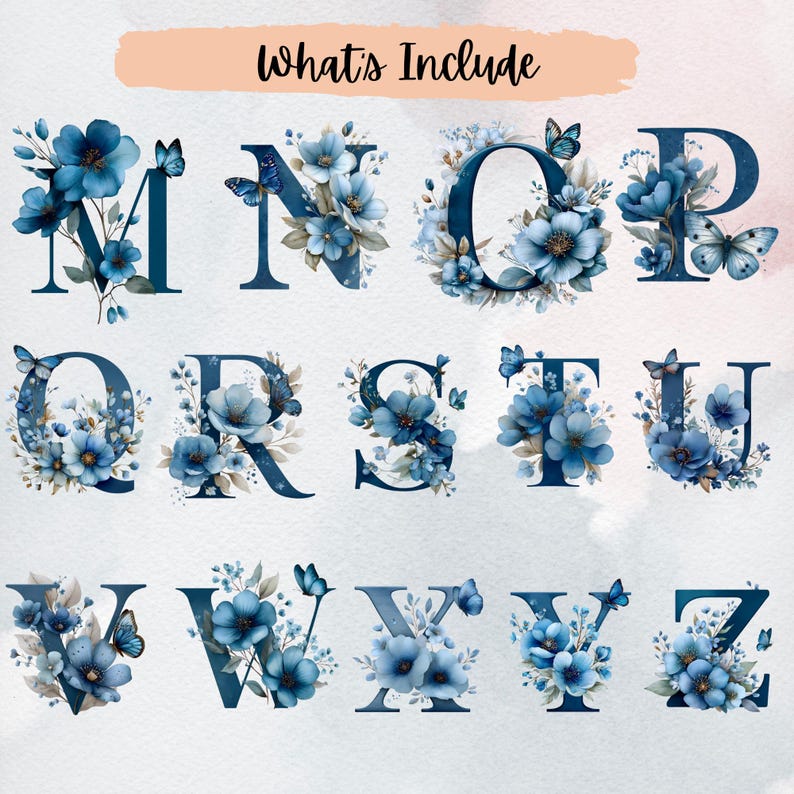 Blue Floral Alphabet Clipart A–Z | Elegant Flower Monogram Letters PNG ...