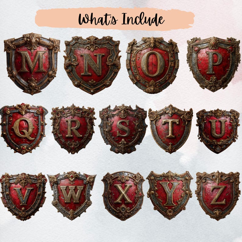 Medieval Shield Alphabet Clipart | Red Fantasy Crest Letters A-Z ...