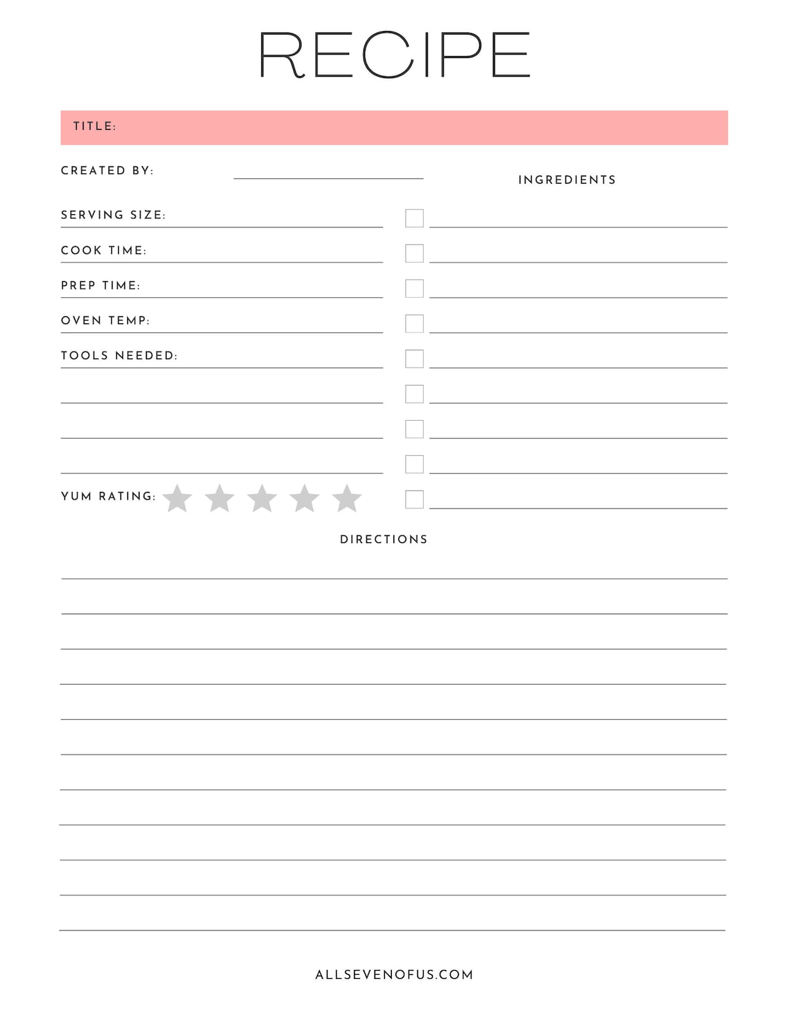 Printable Recipe Template, 8 Colors Available. - Etsy